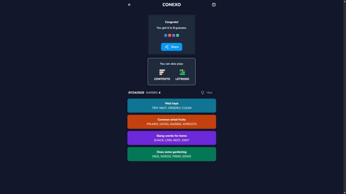 Daily Conexo, Contexto, and Letroso Solutions For Today (July 24, 2025)