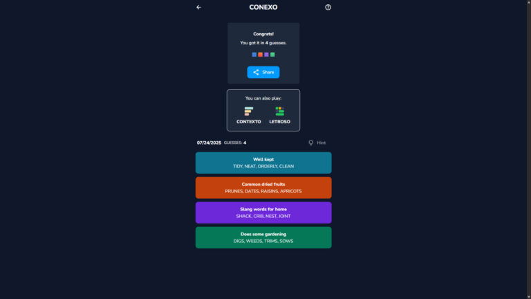 Daily Conexo, Contexto, and Letroso Solutions For Today (July 24, 2025)