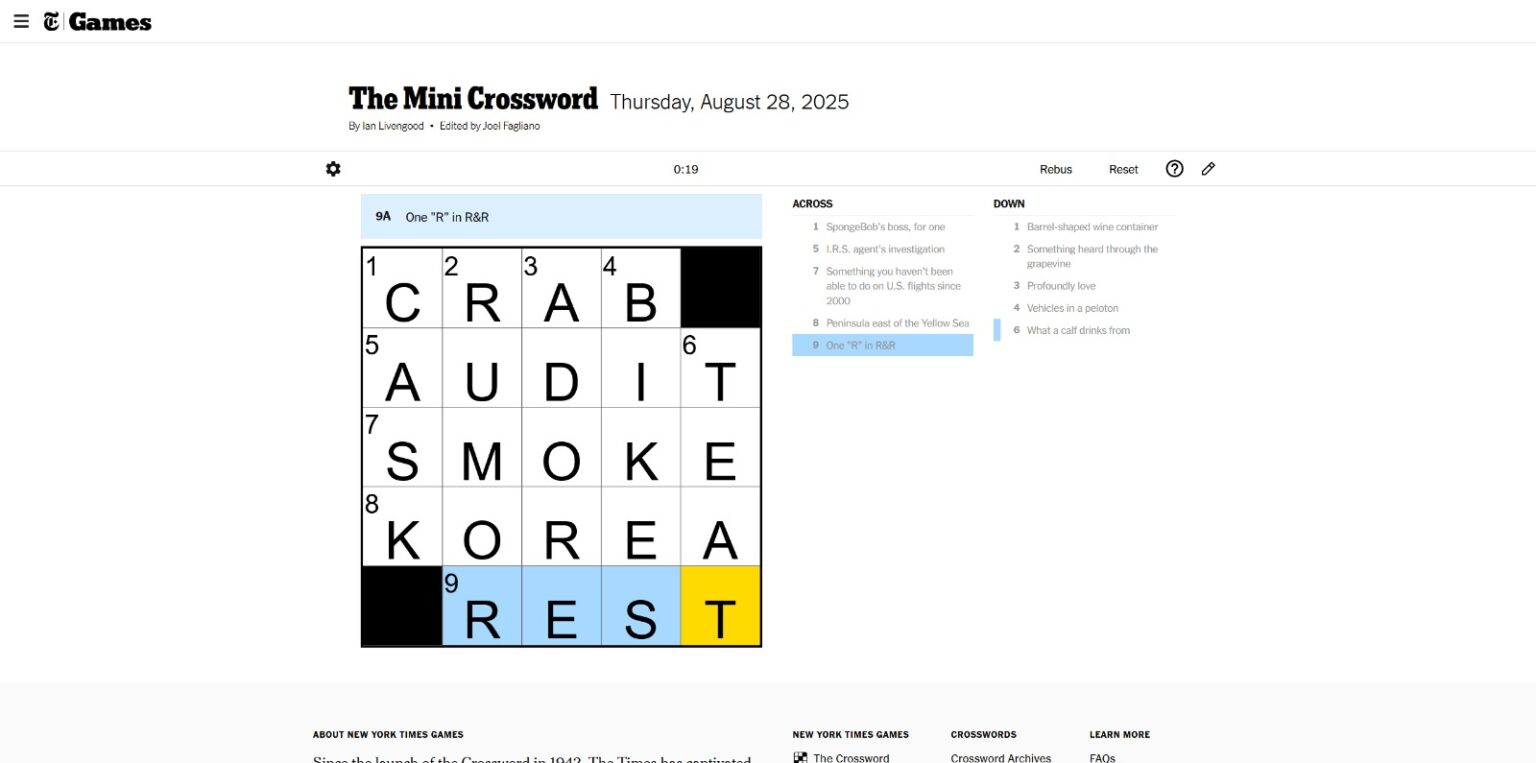 NYT Mini Crossword Solution For Today (August 28, 2025)
