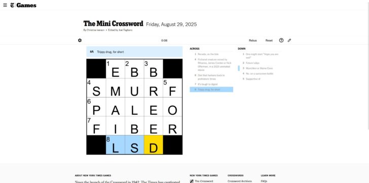 NYT Mini Crossword Solution For Today (August 29, 2025)