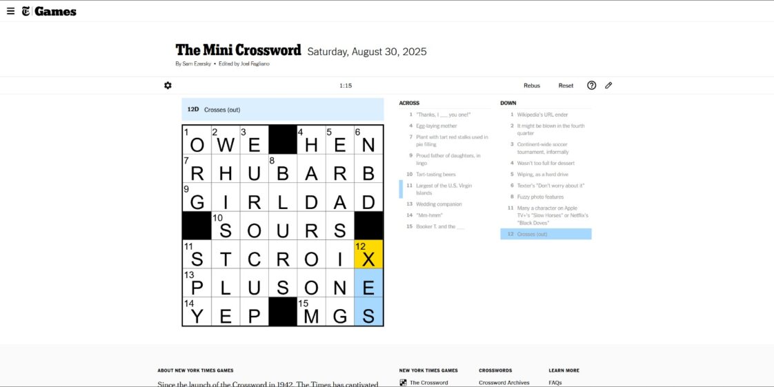 NYT Mini Crossword Solution For Today (August 30, 2025)