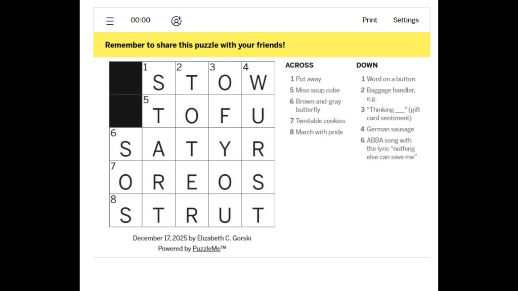 LA Times Crossword and Mini Crossword Solutions for Today (December 17 ...