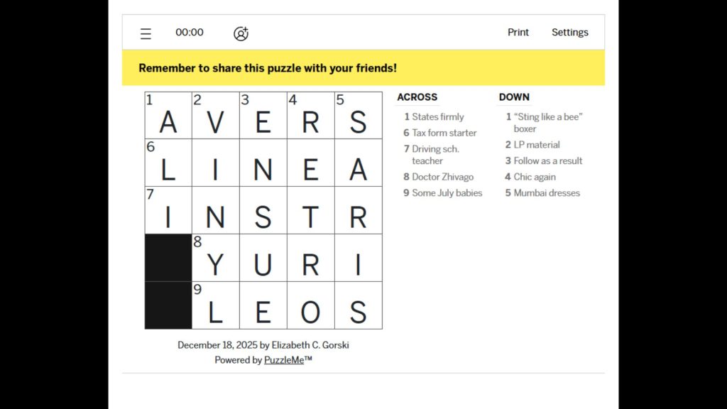 LA Times Crossword and Mini Crossword Solutions for Today (December 18 ...
