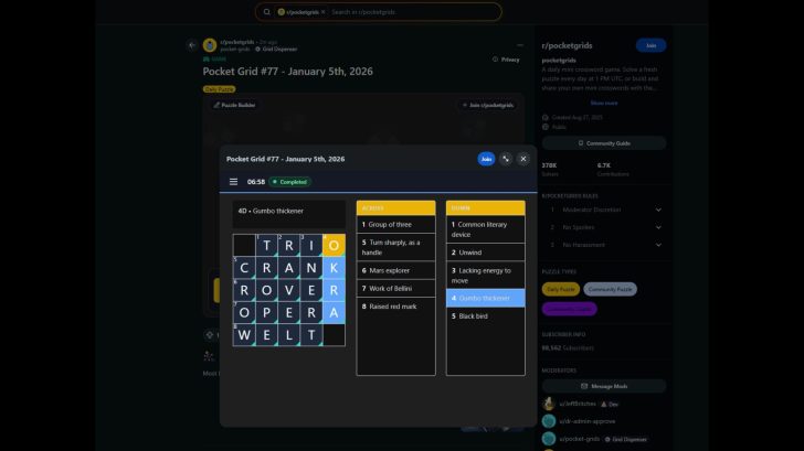 Reddit Pocket Grid Mini Crossword Solution for Today (January 5, 2026)
