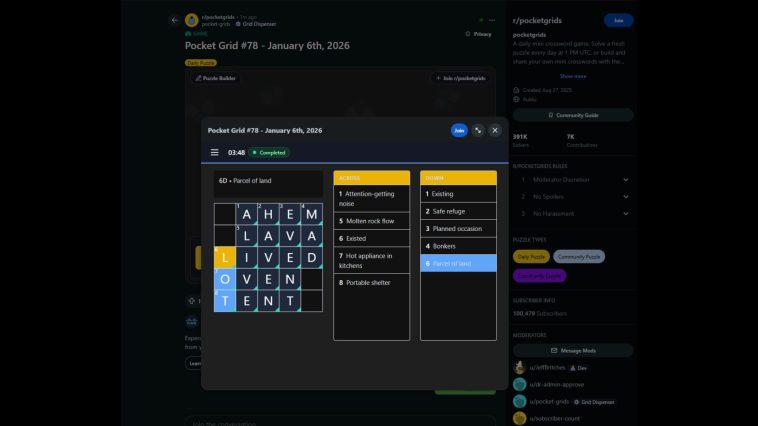 Reddit Pocket Grid Answers for Today (#78) - January 6, 2025
