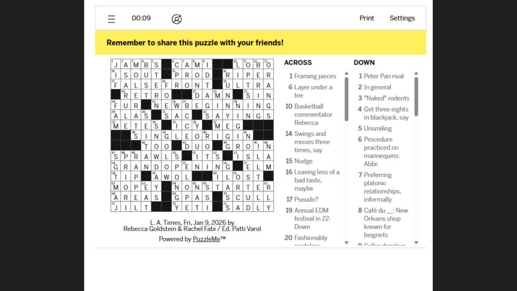 LA Times Crossword and Mini Crossword Solutions for Today (January 9, 2025)
