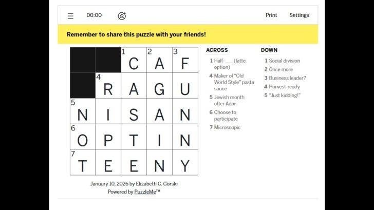 LA Times Crossword and Mini Crossword Solutions for Today (January 10 ...