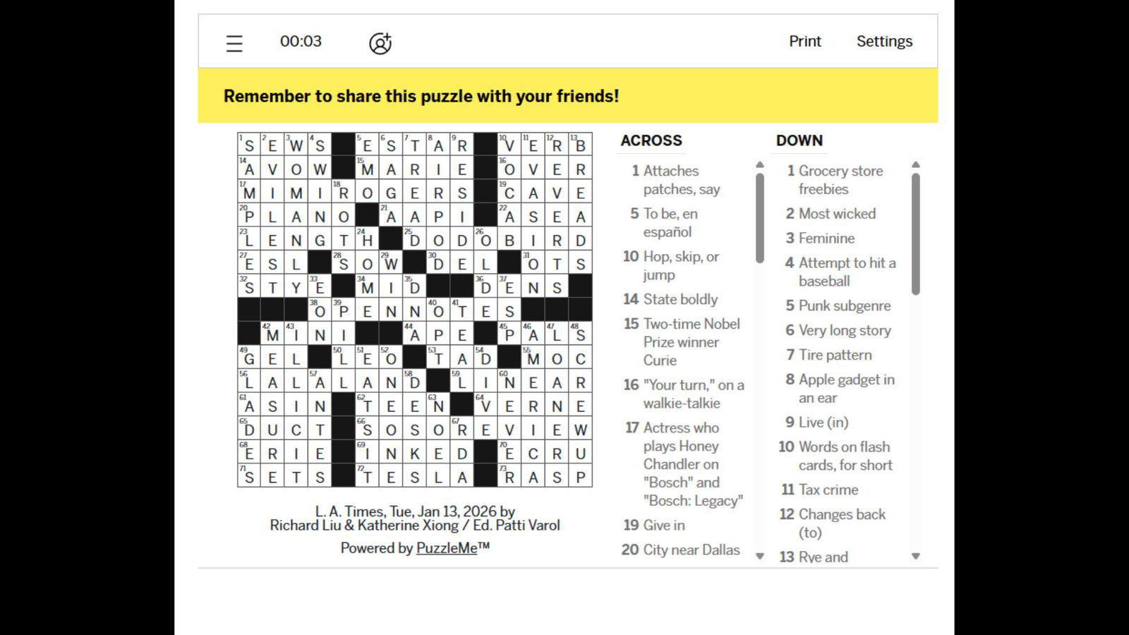 LA Times Crossword and Mini Crossword Solutions for Today (January 13 ...