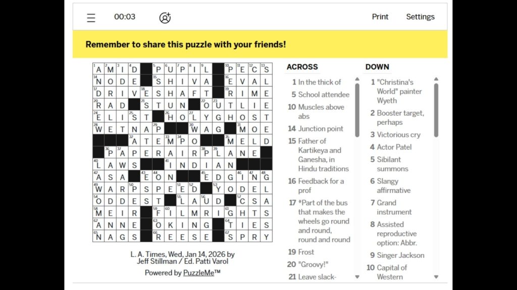 LA Times Crossword and Mini Crossword Solutions for Today (January 14 ...