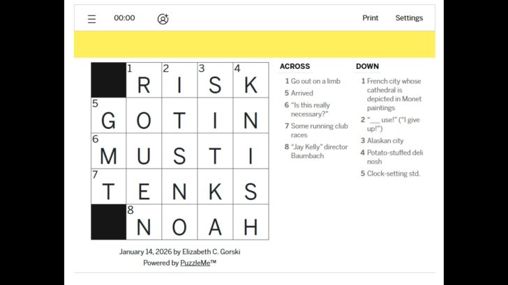 LA Times Crossword and Mini Crossword Solutions for Today (January 14 ...