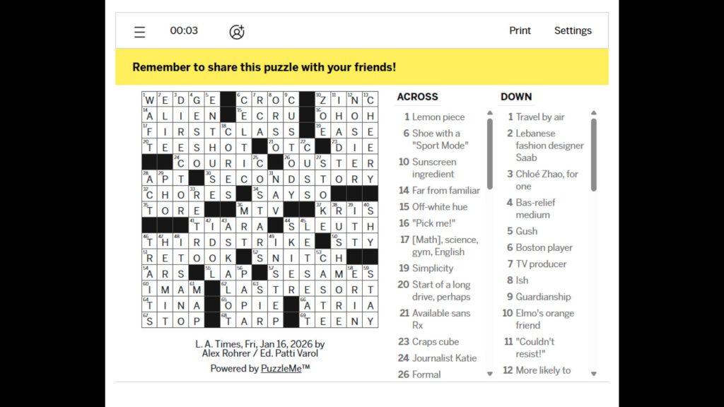 LA Times Crossword and Mini Crossword Solutions for Today (January 16 ...
