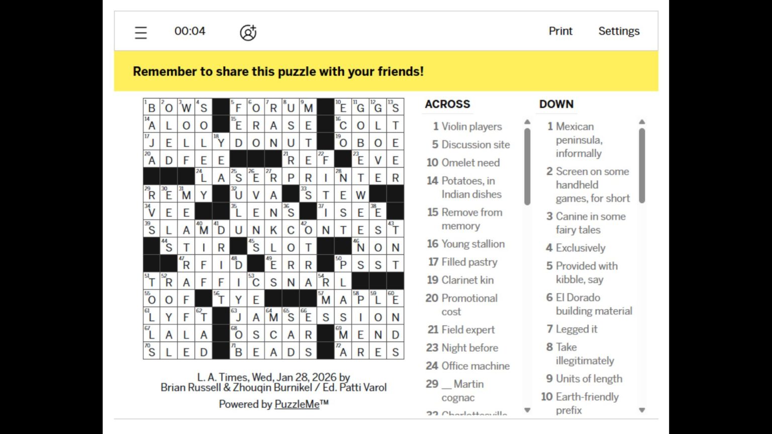 LA Times Crossword and Mini Crossword Solutions for Today (January 28 ...