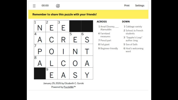 LA Times Crossword and Mini Crossword Solutions for Today (January 29 ...