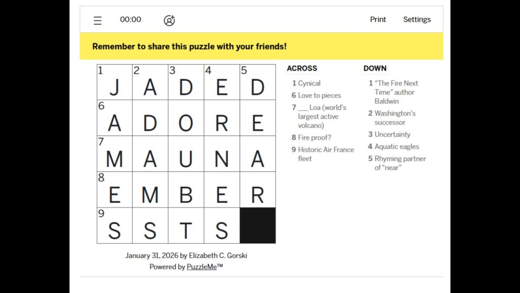 LA Times Crossword and Mini Crossword Solutions for Today (January 31 ...