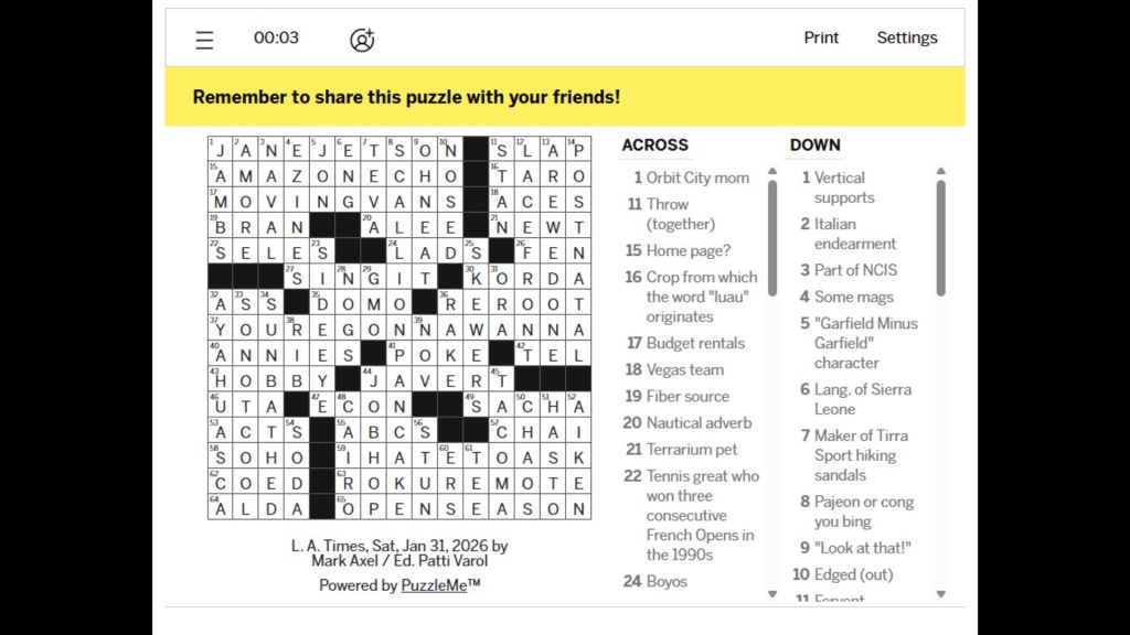 LA Times Crossword and Mini Crossword Solutions for Today (January 31 ...