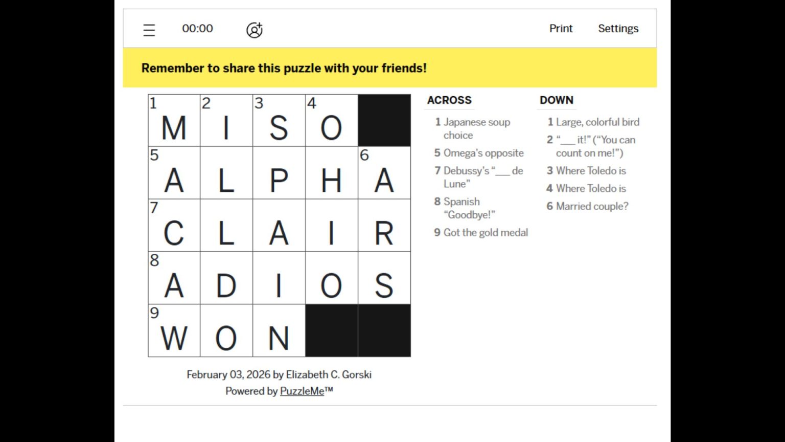 LA Times Crossword and Mini Crossword Solutions for Today (February 3 ...