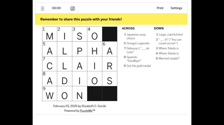 LA Times Crossword and Mini Crossword Solutions for Today (February 3 ...