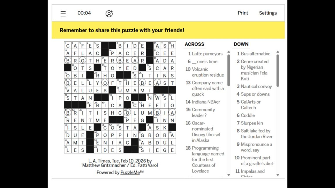 LA Times Crossword and Mini Crossword Solutions for Today (February 10 ...