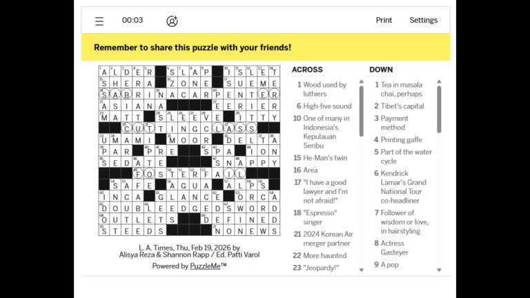 LA Times Crossword and Mini Crossword Solutions for Today (February 19 ...