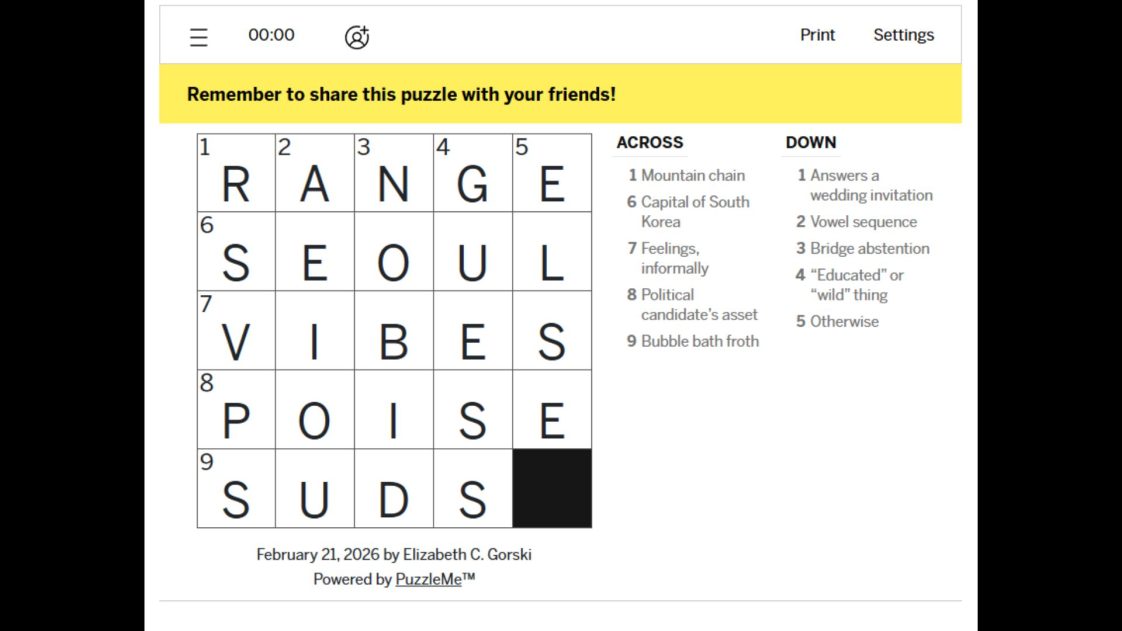 LA Times Crossword and Mini Crossword Solutions for Today (February 21 ...
