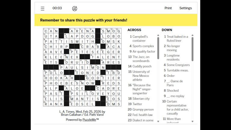 LA Times Crossword and Mini Crossword Solutions for Today (February 25 ...